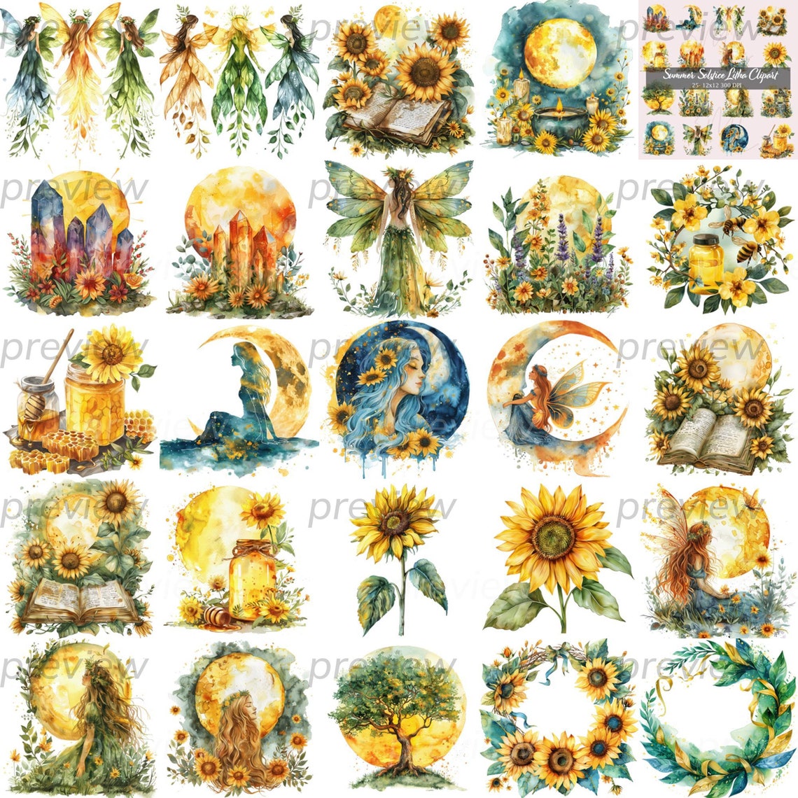 Watercolor Clipart Litha Set, Floral PNG Holiday Pagan, Wiccan Art ...