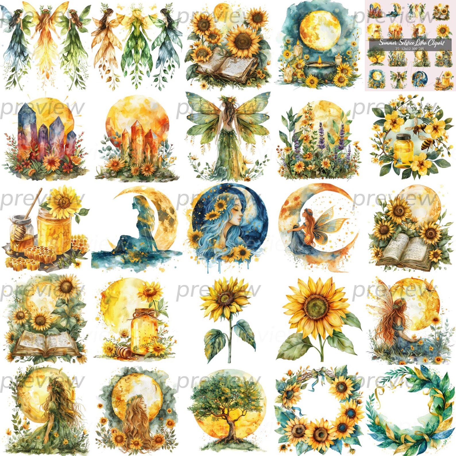 Watercolor Clipart Litha Set, Floral PNG Holiday Pagan, Wiccan Art ...