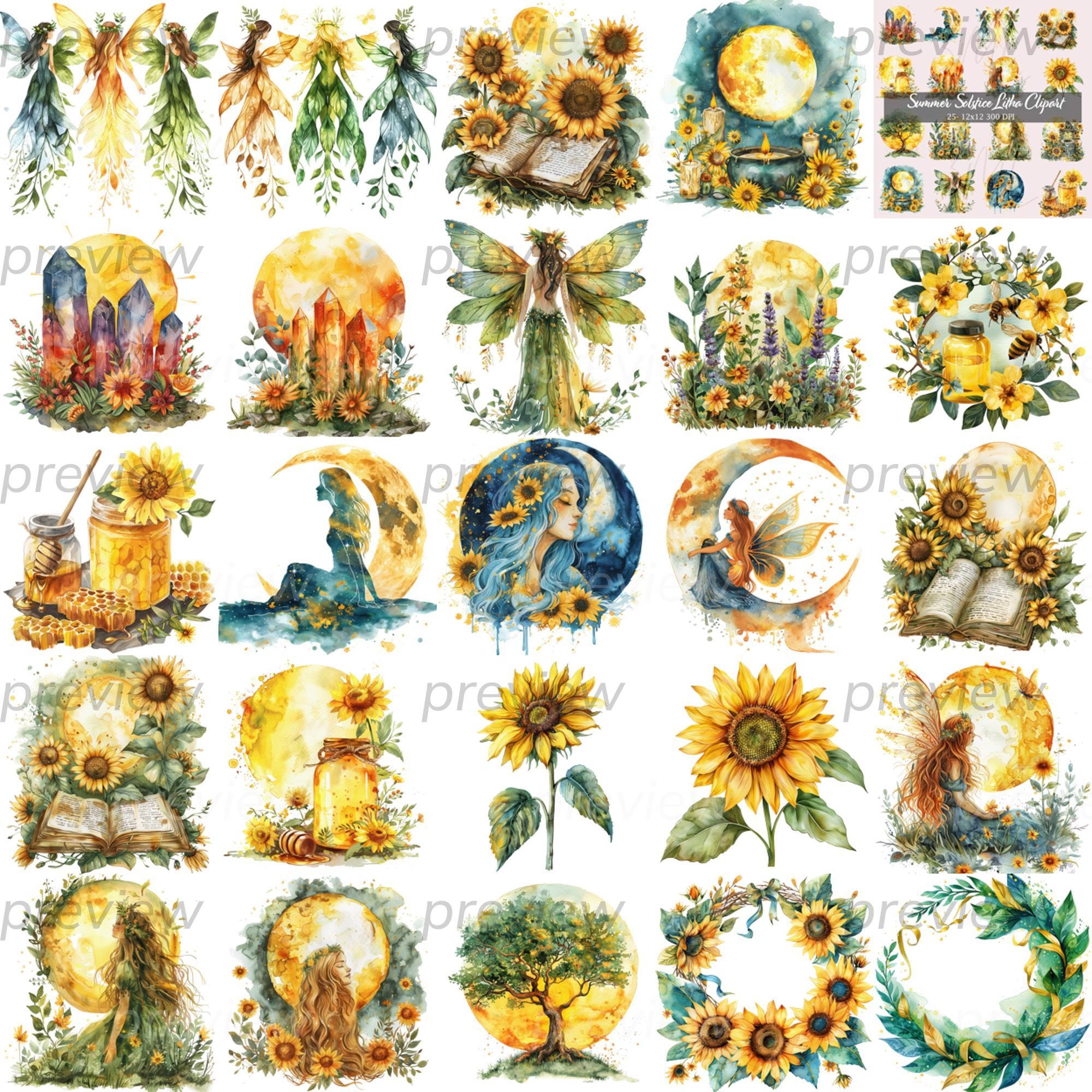 Watercolor Clipart Litha Set, Floral PNG Holiday Pagan, Wiccan Art ...