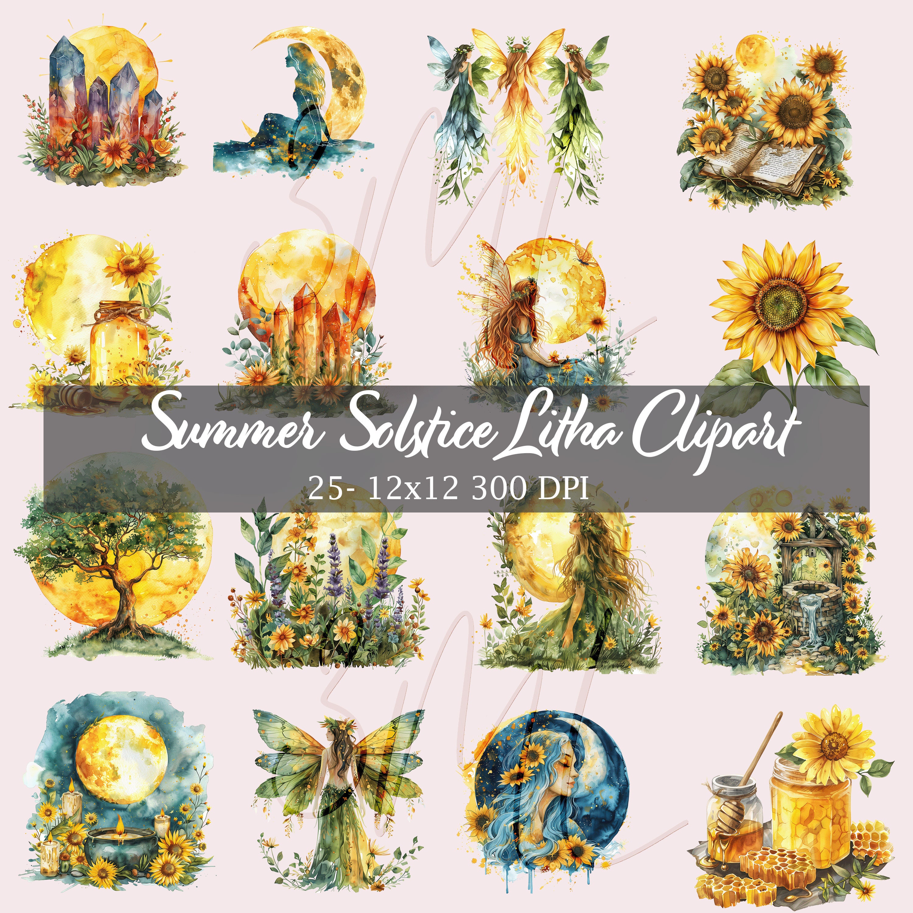 Watercolor Clipart Litha Set, Floral PNG Holiday Pagan, Wiccan Art ...