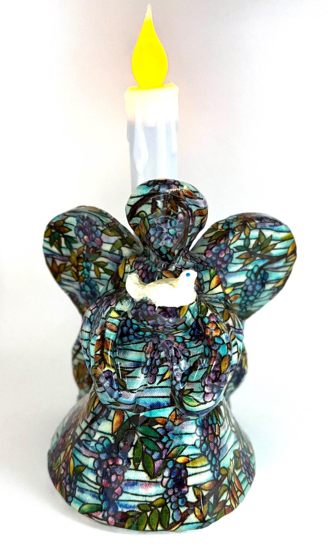 Stained Glass Angel Candle Holder Carries a White Dove Handmade and One ...