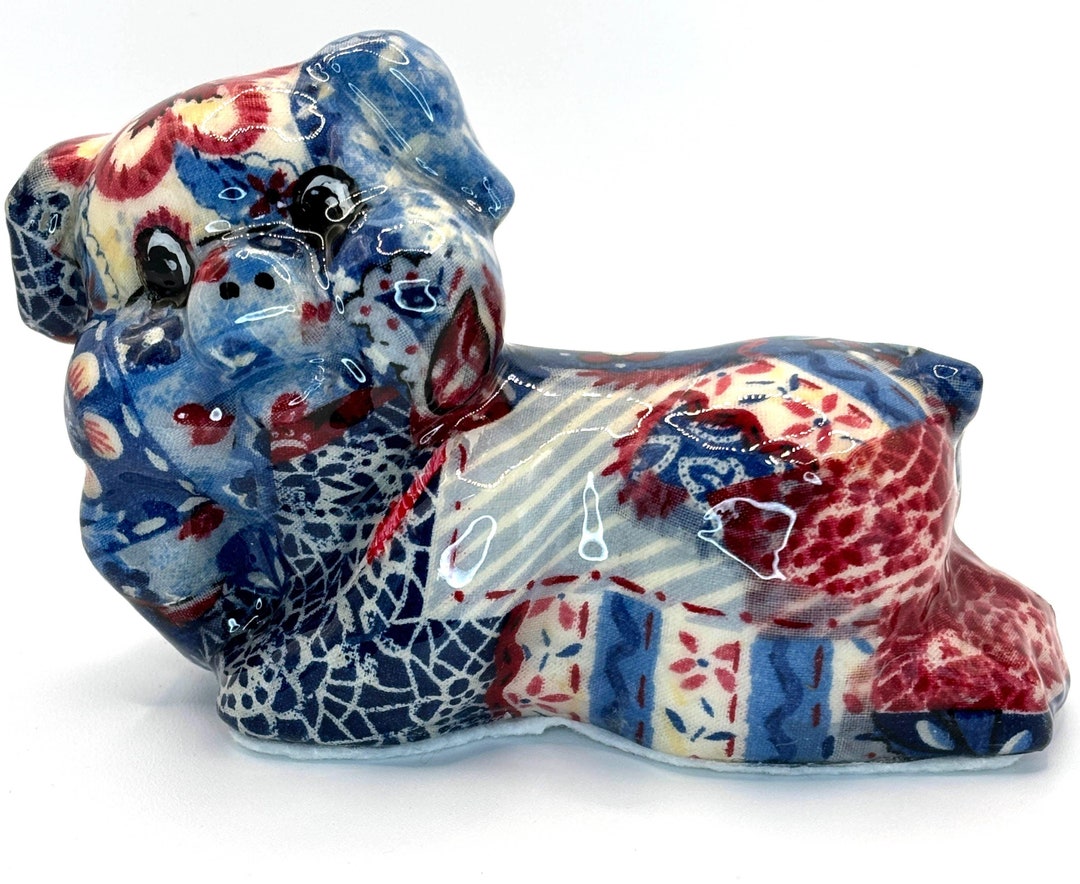 Roly-poly Pig in Red and Blue Quilt Pattern Fabric Covers This Ceramic ...