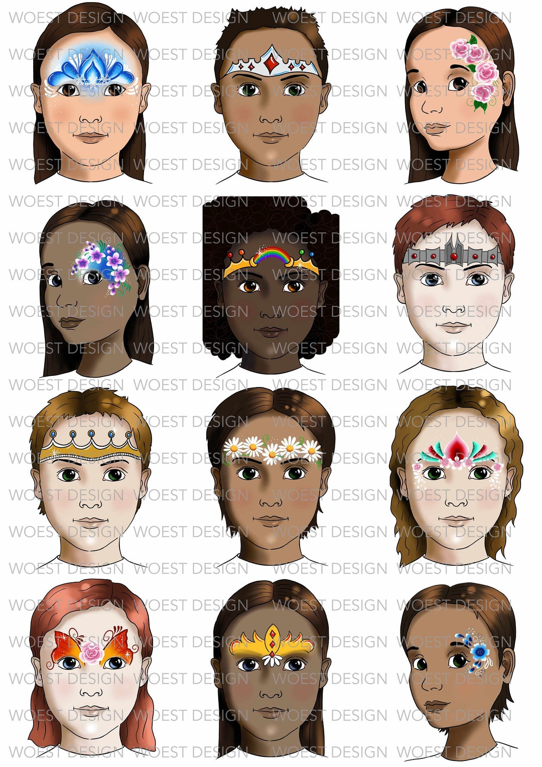 Crowns and Flowers Set DIGITAL DOWNLOAD - Face Paint Design Board Face ...