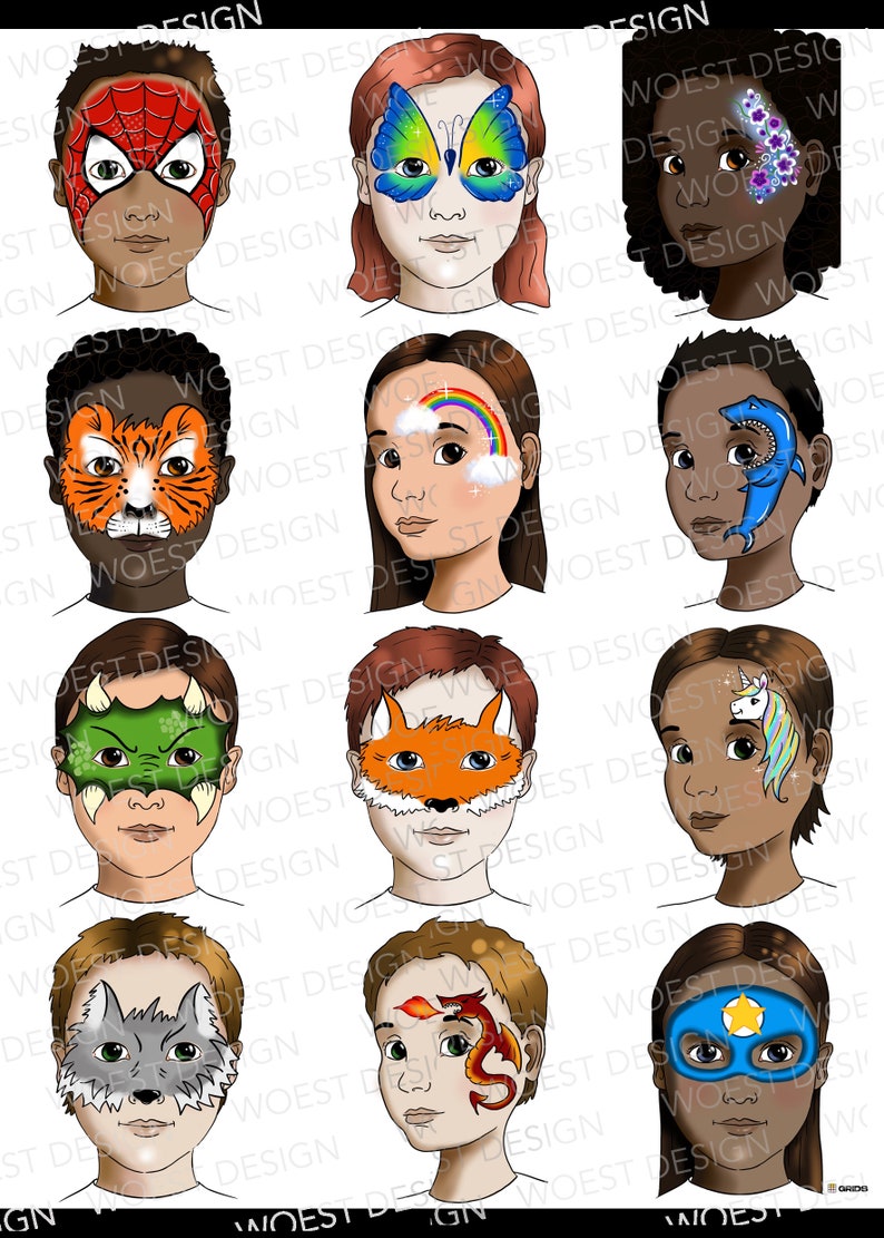 Basic Set A DIGITAL DOWNLOAD - Face Paint Design Board Face Painting ...