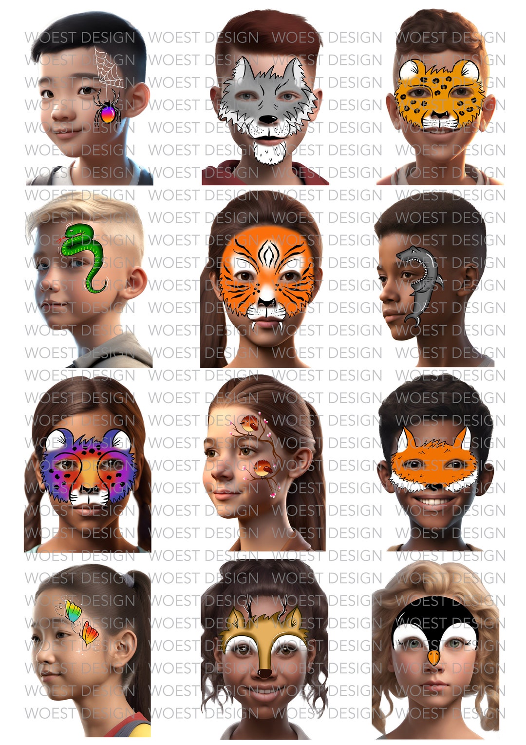 Animal Set Realistic Style DIGITAL DOWNLOAD - Face Paint Design Board ...