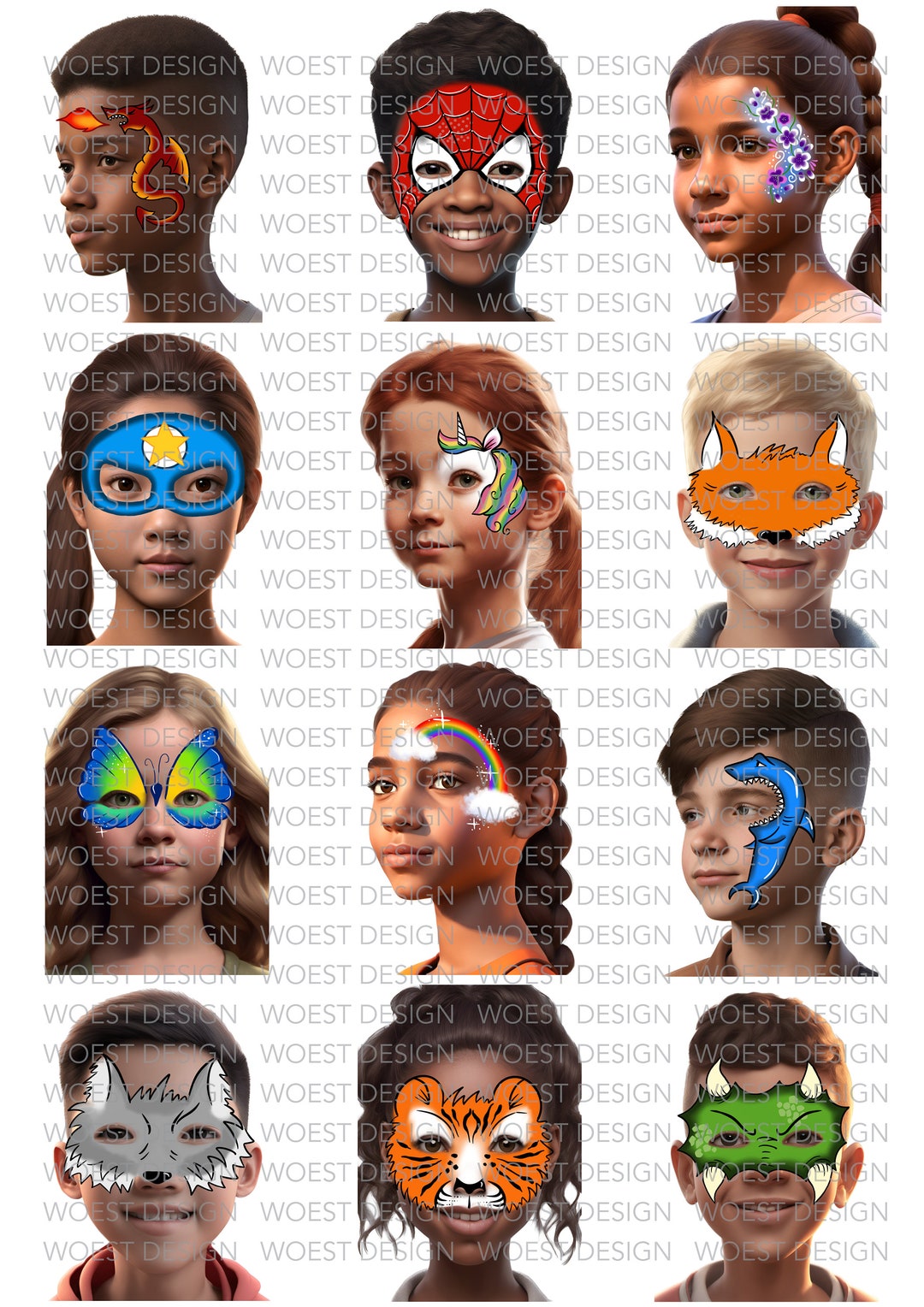 Basic Set A Realistic Style DIGITAL DOWNLOAD - Face Paint Design Board ...