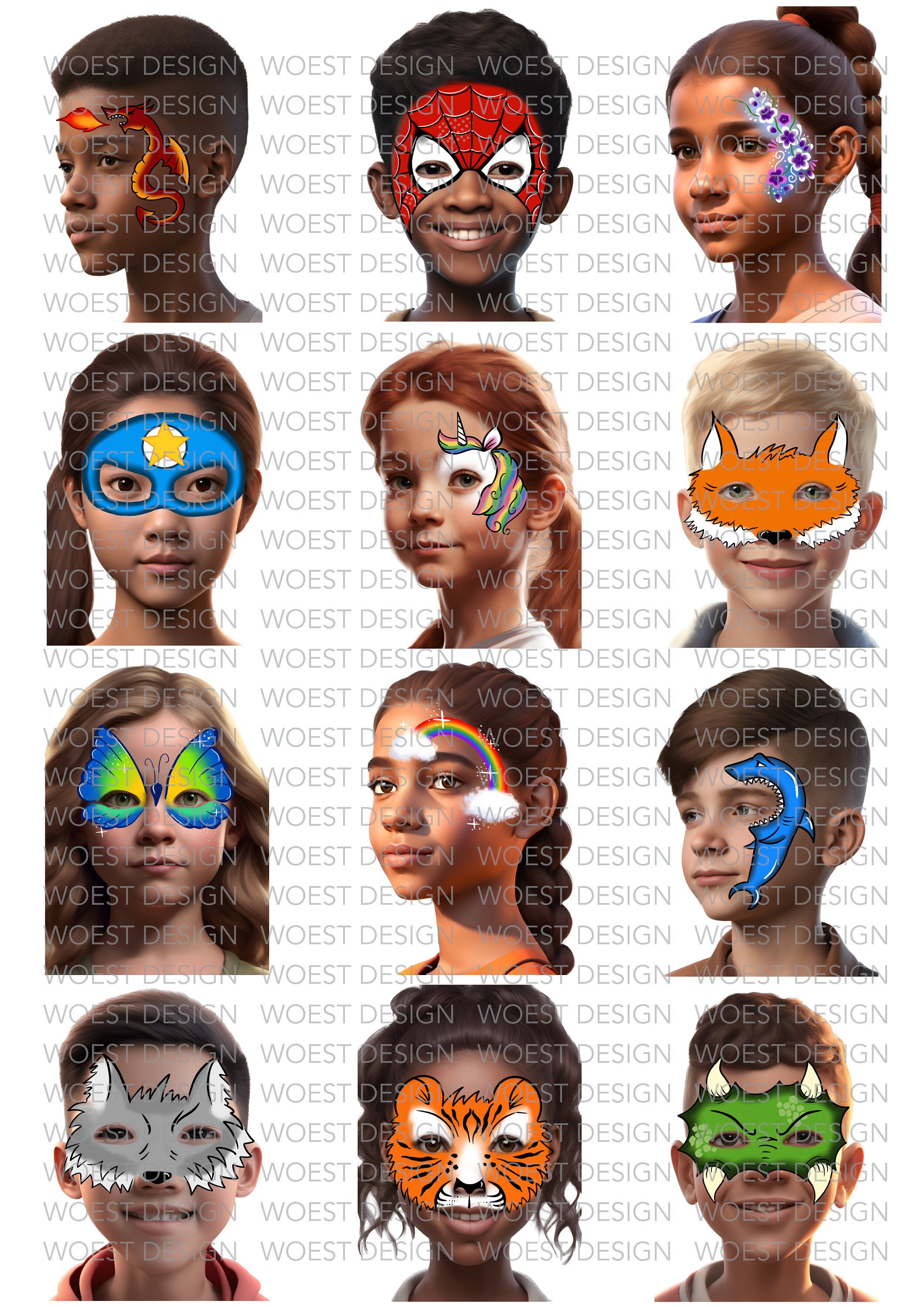 Basic Set A Realistic Style DIGITAL DOWNLOAD - Face Paint Design Board ...