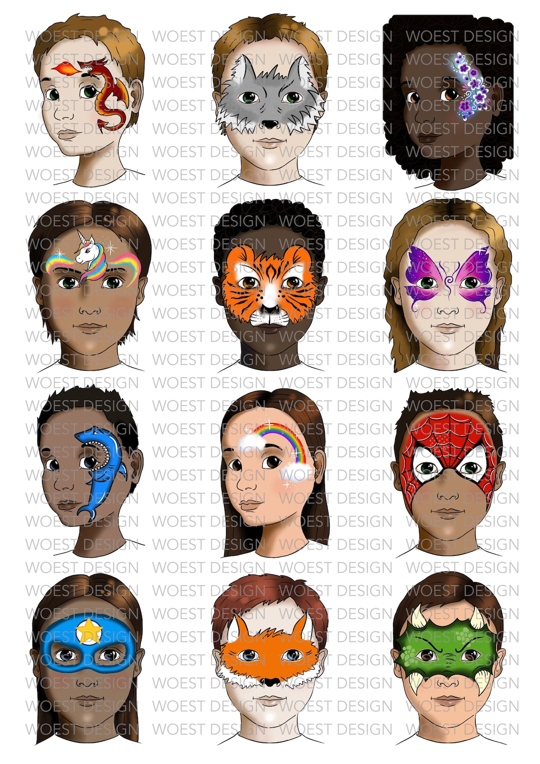 Basic Set A DIGITAL DOWNLOAD - Face Paint Design Board Face Painting ...