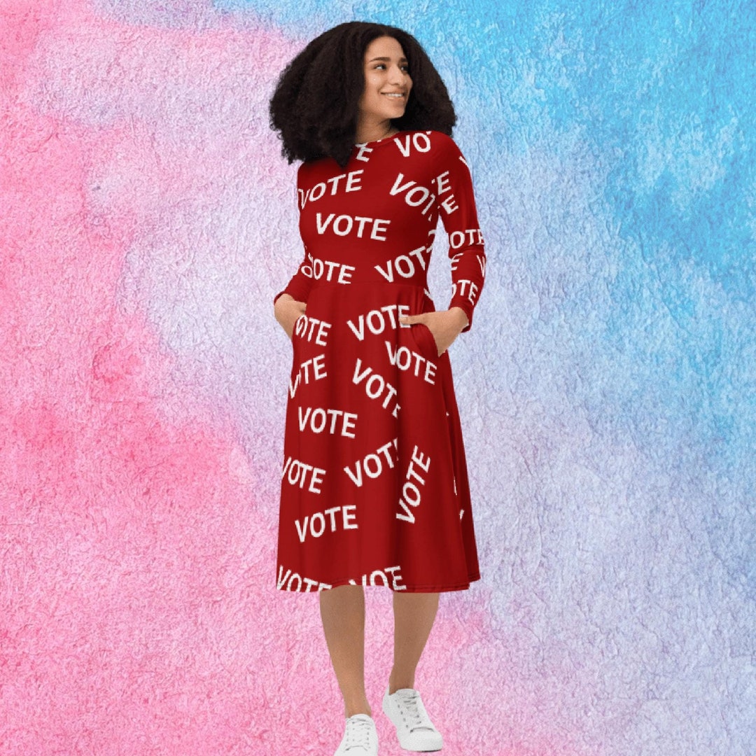 Vote Election Dress in Red or Blue All-over Print Long Sleeve Midi ...