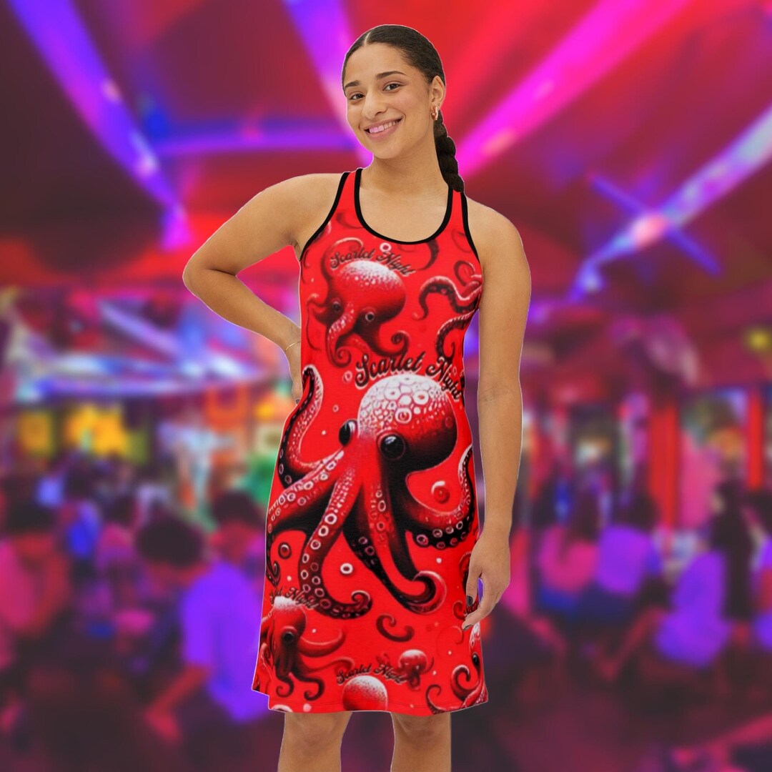 Scarlet Night Red Dress, Octopus Print, Cruise Ship Party Dress, Voyage ...
