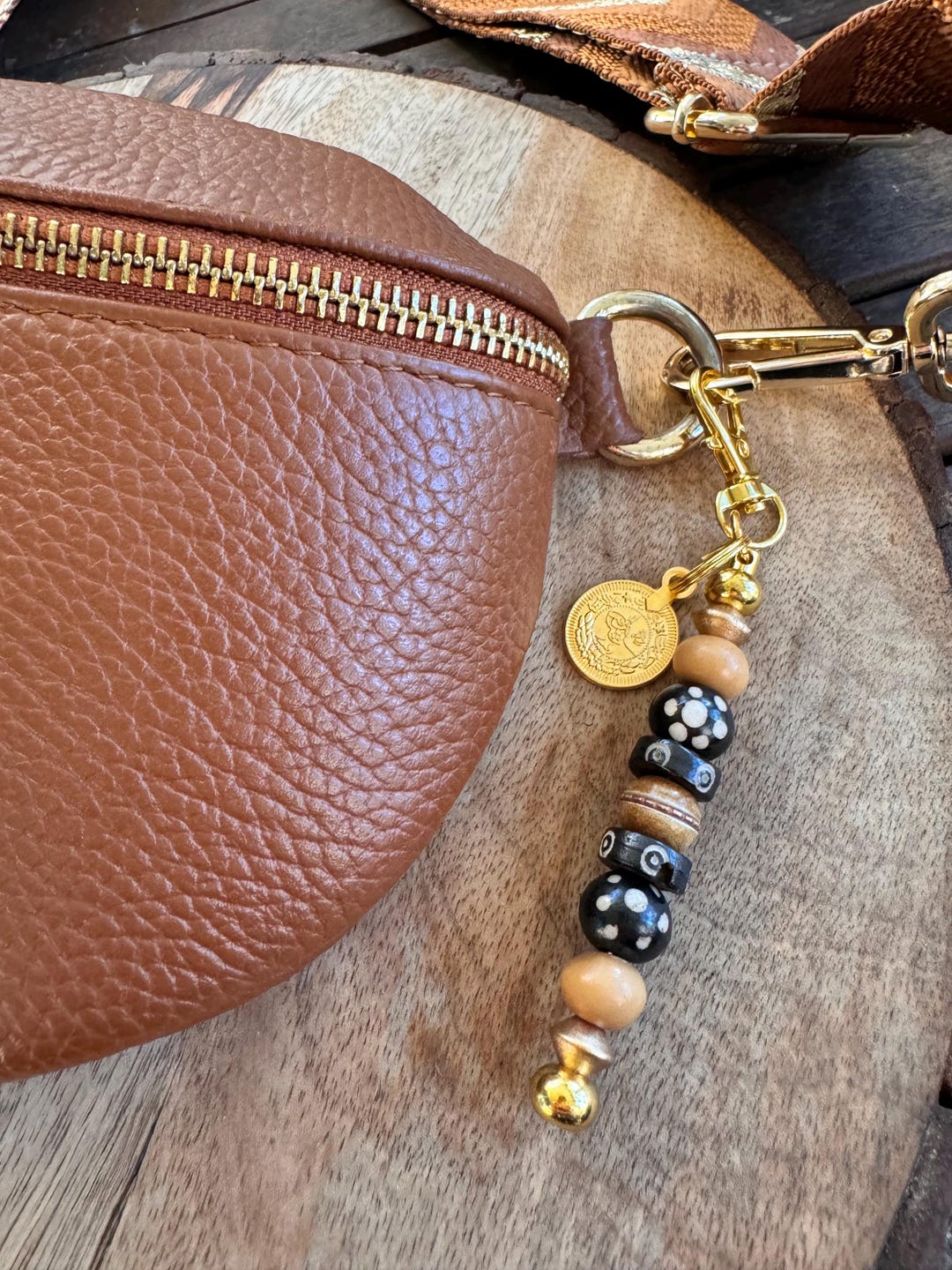 Boho Beaded Bag Charm: Bone, Wood & Ashanti Glass Keychain - Etsy