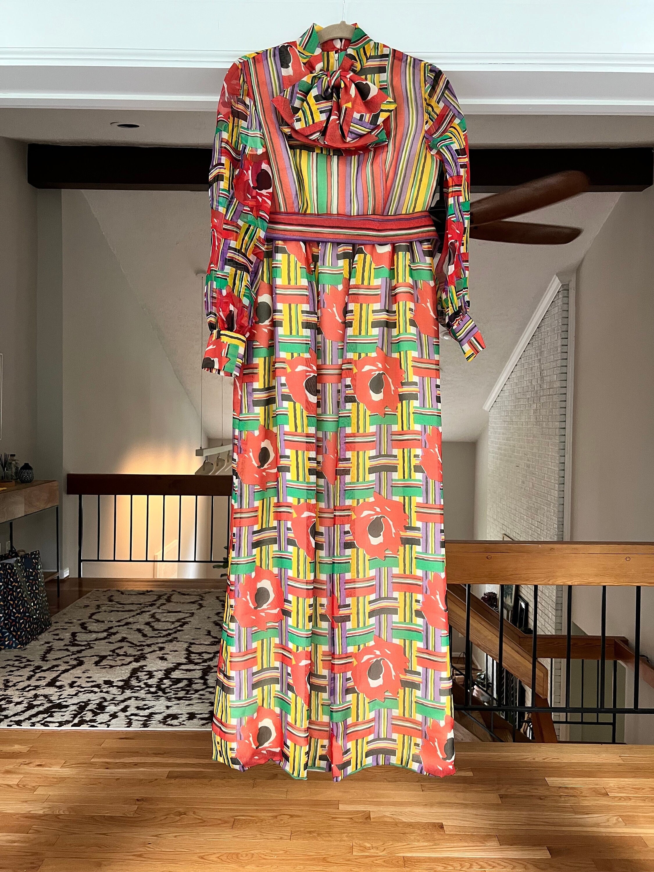 1970s Vintage Joan Leslie by Kasper Silk Organza Mod Print Maxi Dress ...
