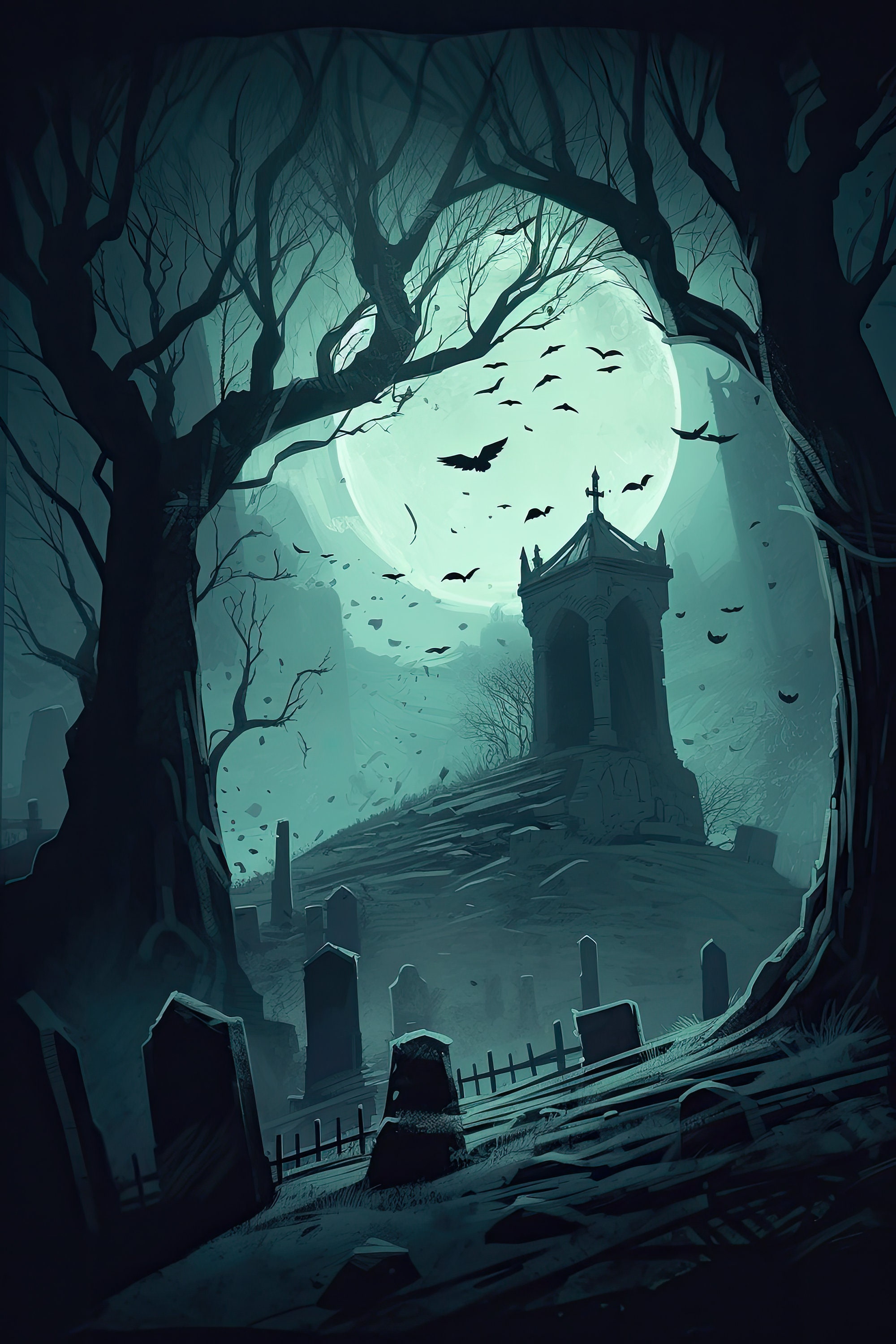 Creepy Halloween Graveyard Digital Art for Post Cards, Greeting Cards ...