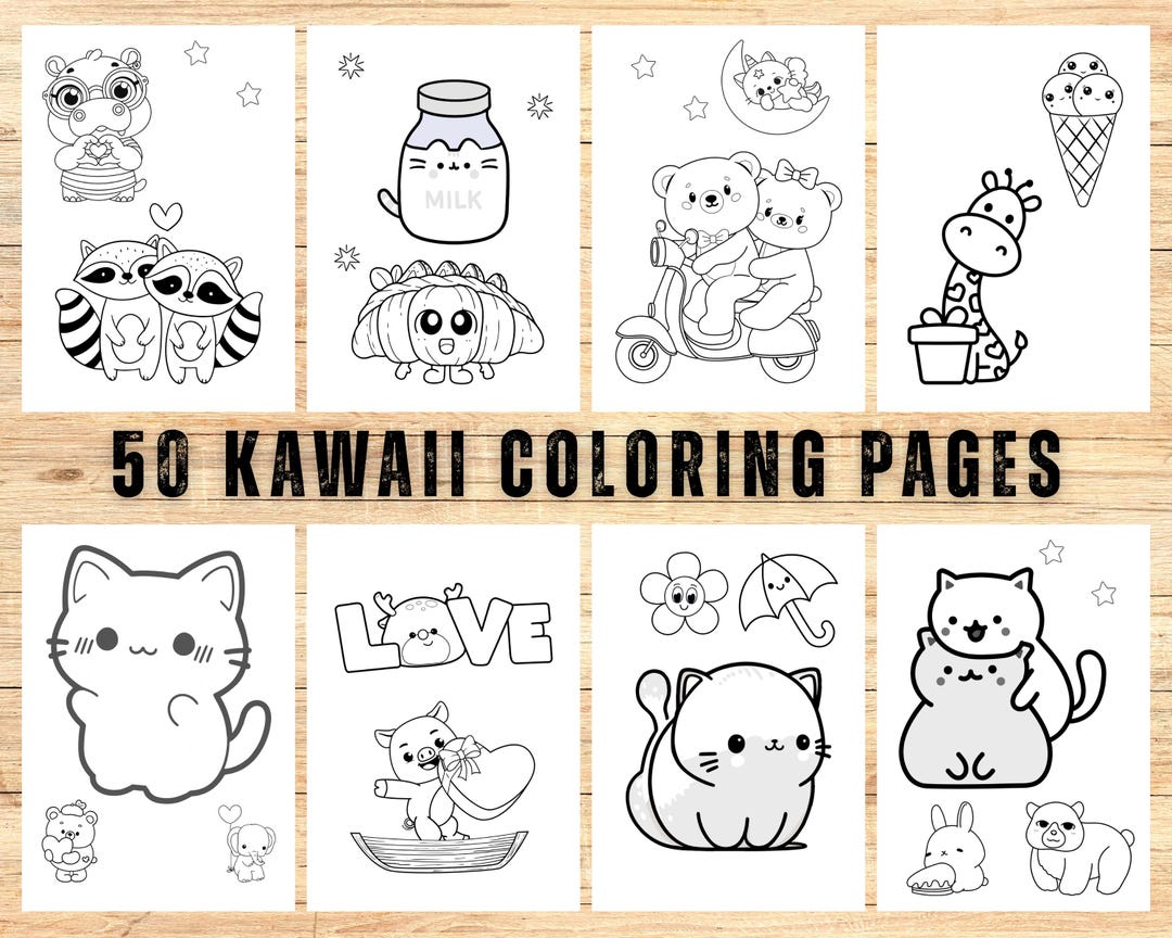 50 Kawaii Coloring Pages, Kids and Adults Coloring Books, Easy Coloring ...