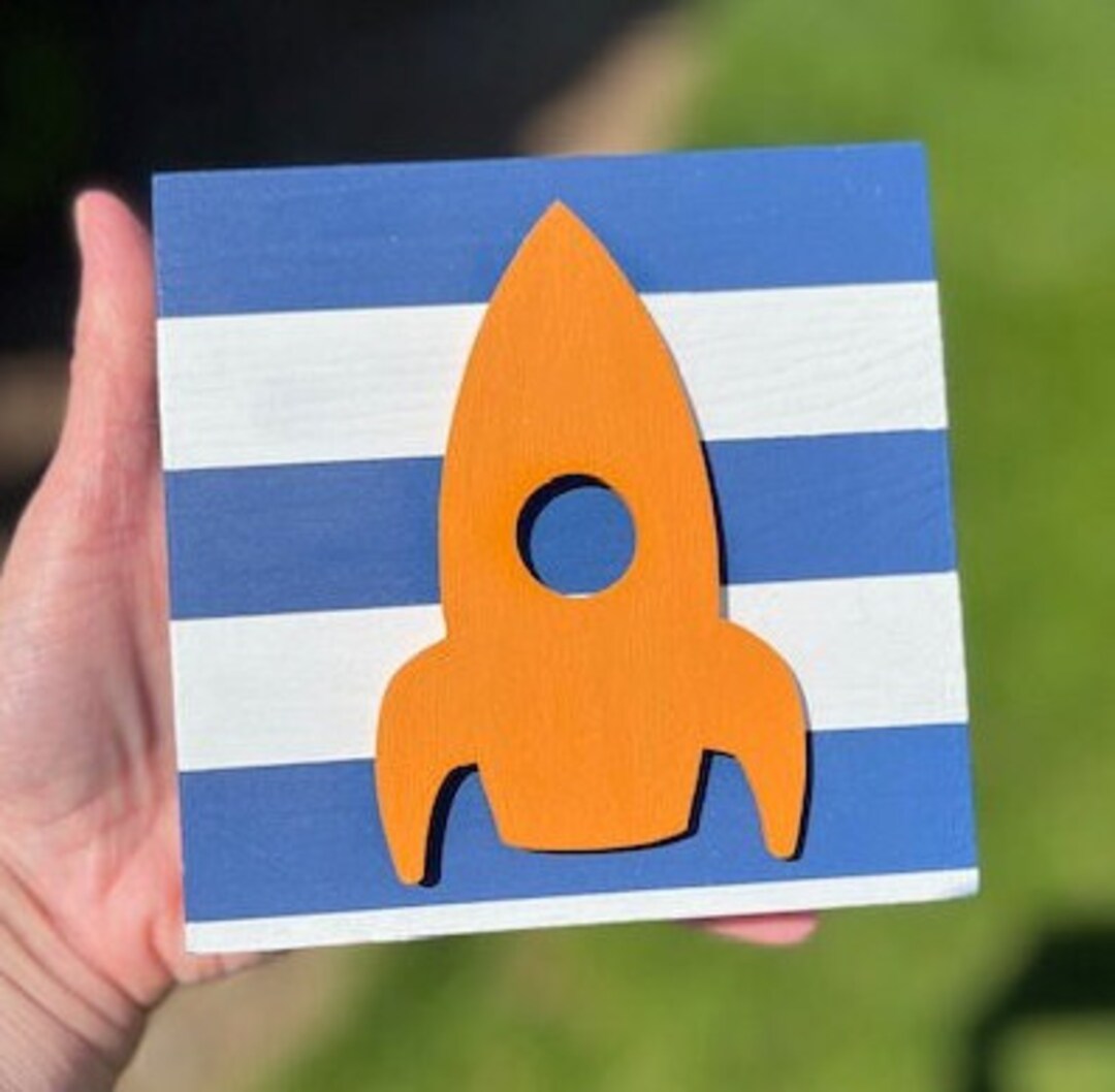 Orange Rocket Home Decor, Rocket Wood Block Shelf Sitter, Orange Rocket ...