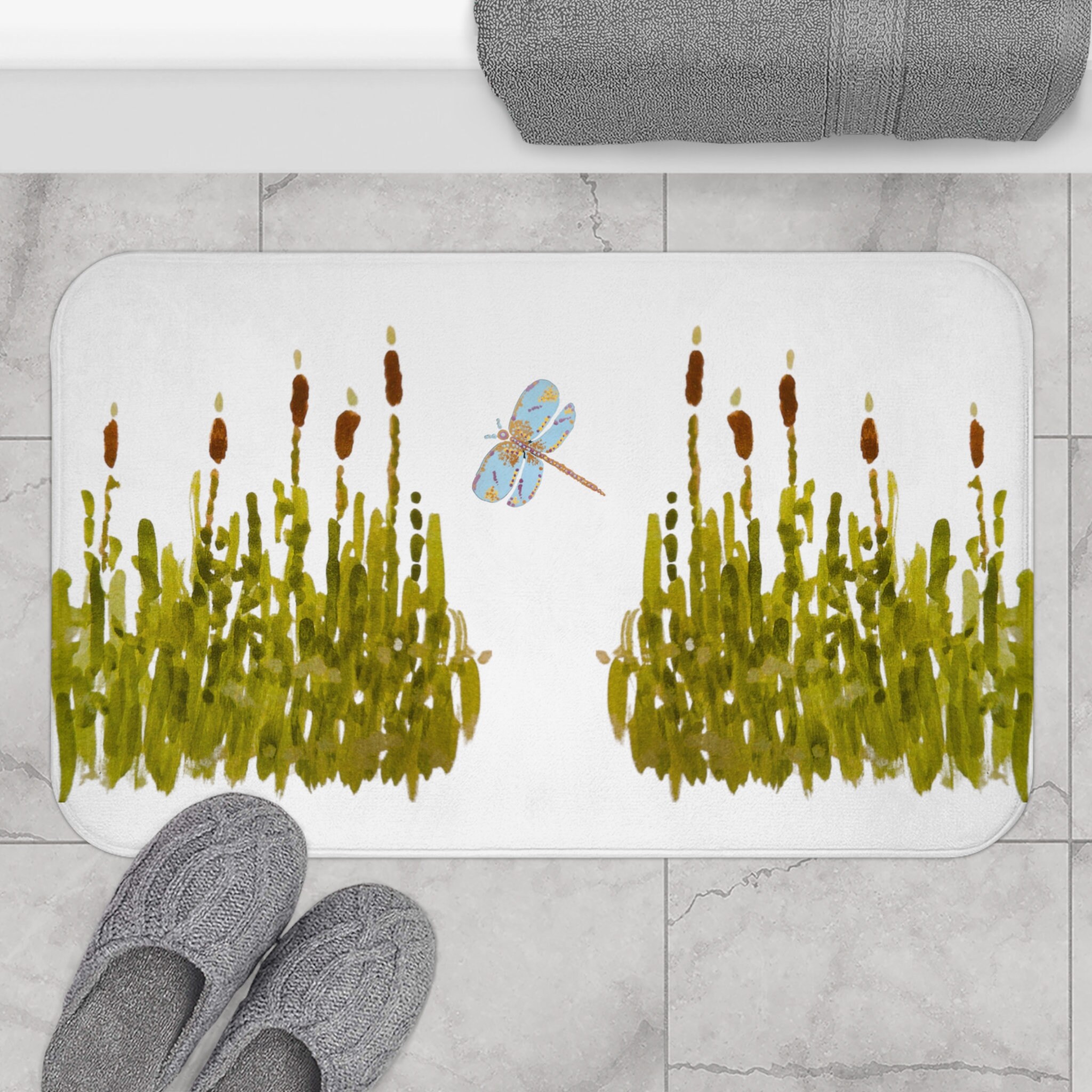 Cattails and Dragonflies Shower Mat, Decorative Floral Accent Rug ...
