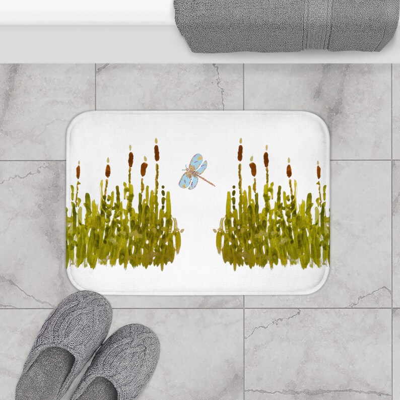 Cattails and Dragonflies Shower Mat, Decorative Floral Accent Rug ...
