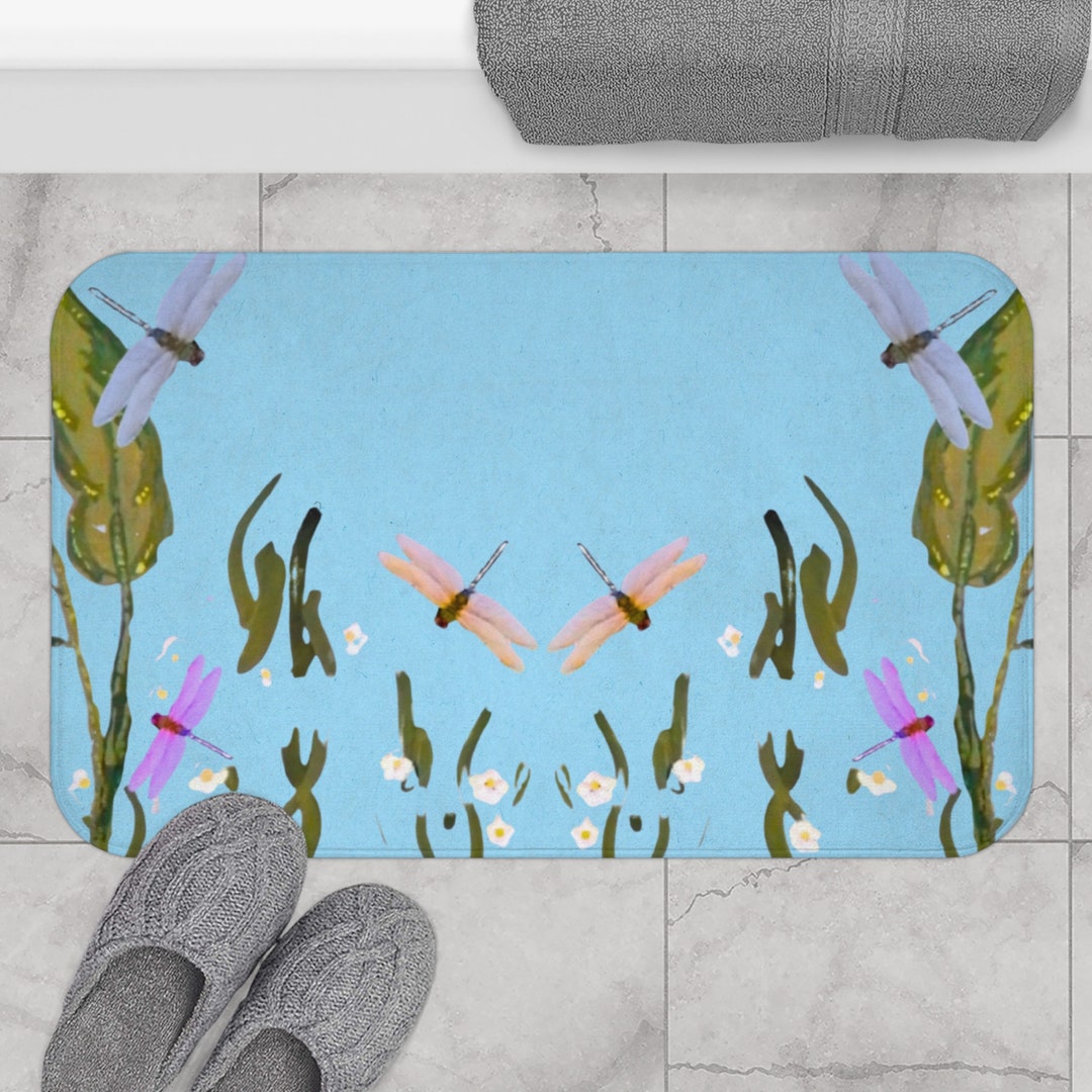 Dragonflies on Blue Bath Mat: Botanical Floral Accent Rug - Etsy