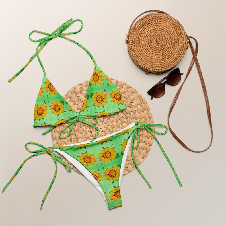Sunflower Pattern String Bikini, Floral Beach Retro Swimwear, Festival ...