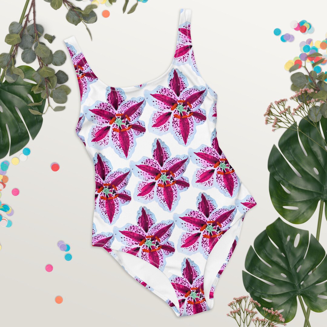 Tiger Lily Floral Pattern One-piece Bathing Suit, Sexy Plus Size Beach ...