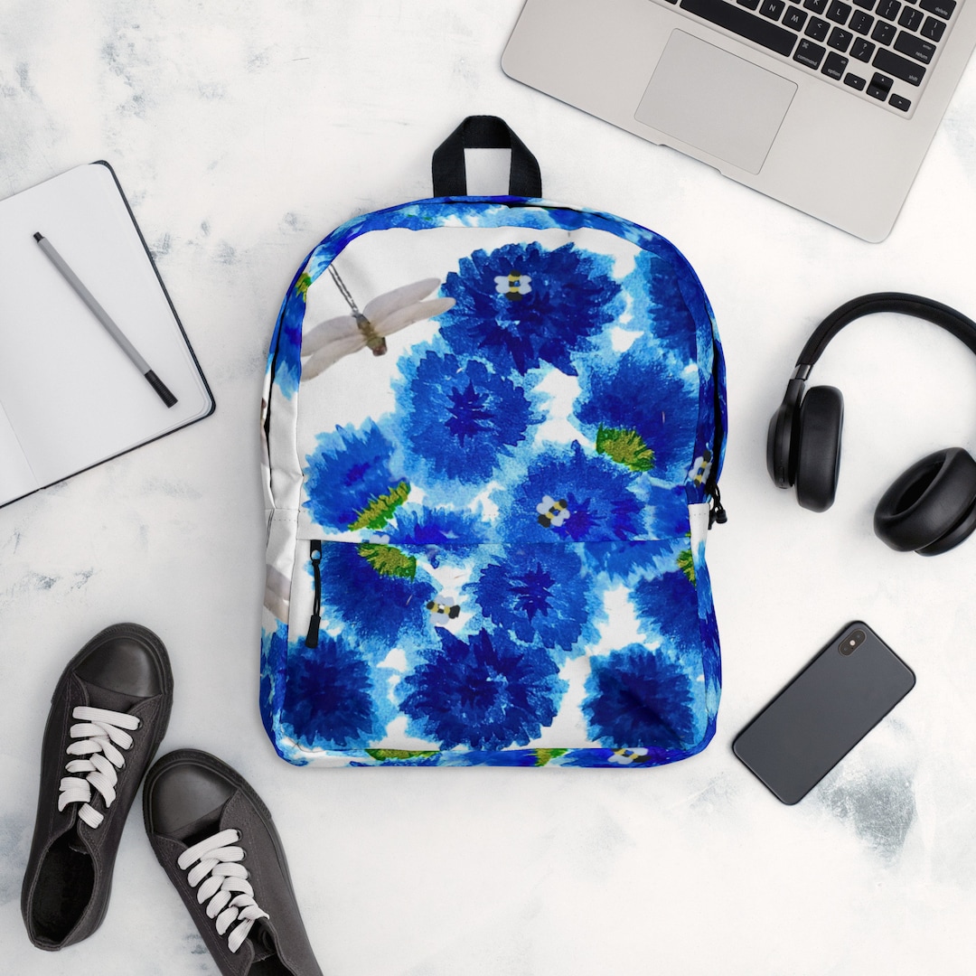 Stylish Blue Backpack With Painted Flowers - Essential for College and ...