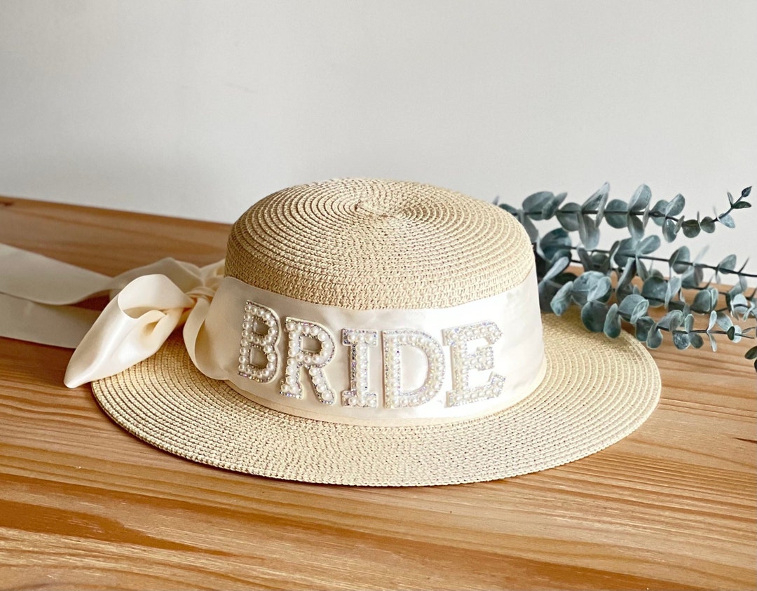 BRIDE WIFEY or CUSTOM Straw Sun Hat Bridal Bow Pearl W/ Letter for ...