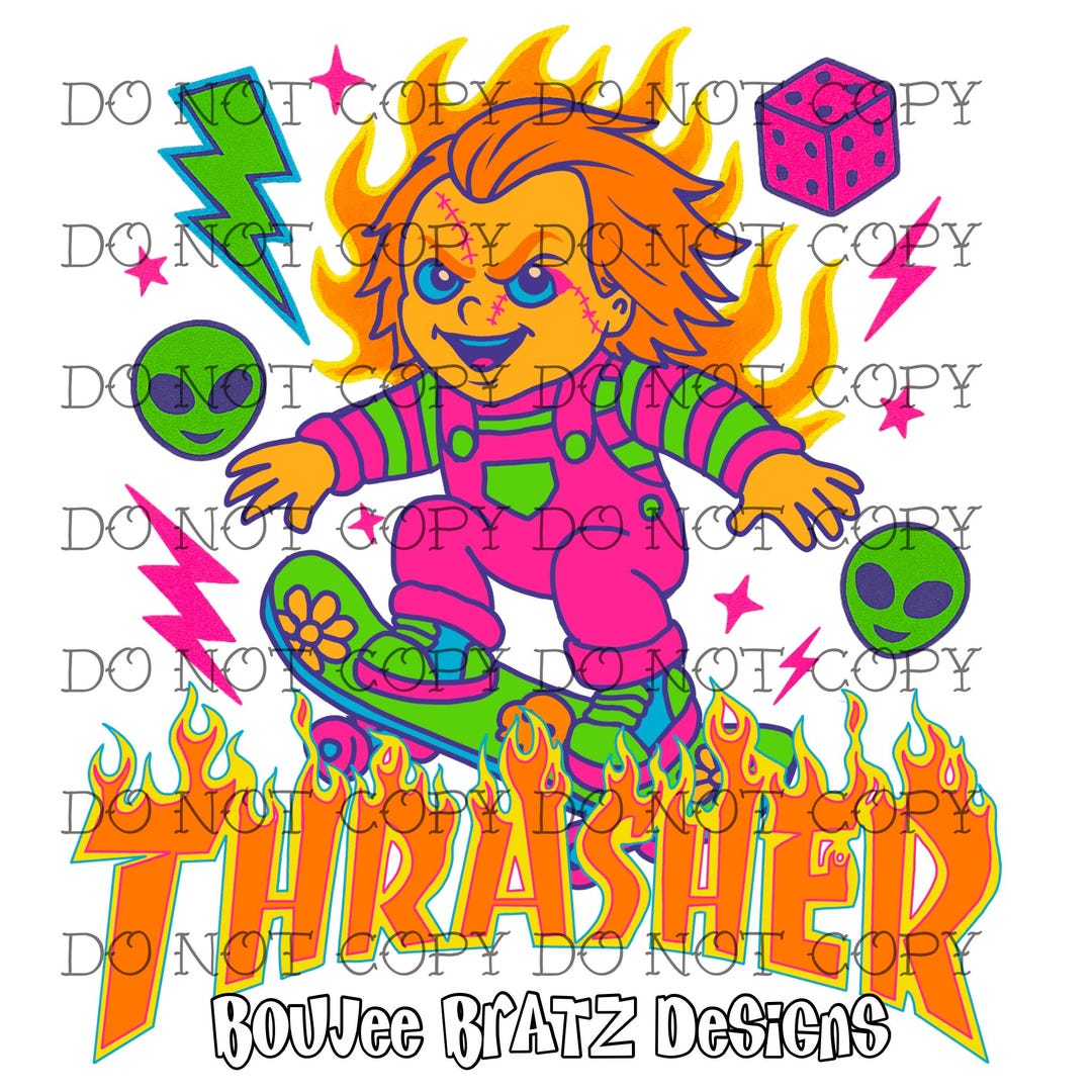 Chucky Doll Skateboarding PNG | Y2K Horror Clipart | Retro Neon Flames ...