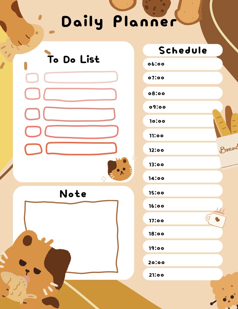 Beige Cute Cat Printable Daily Schedule Planner - Etsy