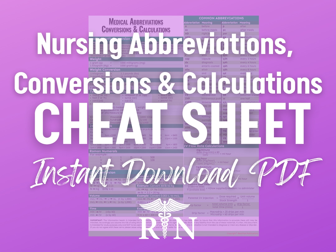 Nursing/ Medical Nursing Abbreviations, Conversions & Calculations 3 in ...