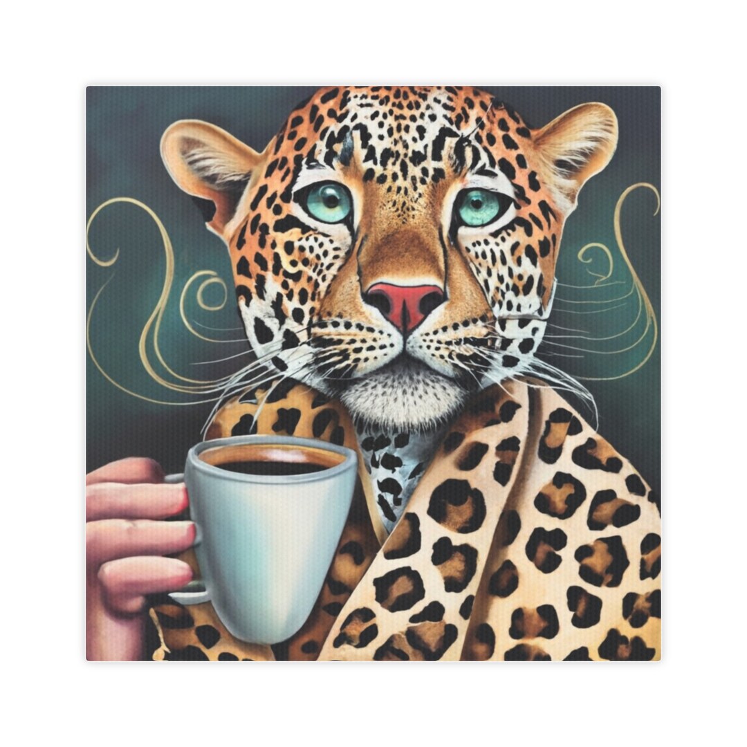 Leopard Drinking Coffee Canvas Tile - Coffee Bar Wall Art - Etsy