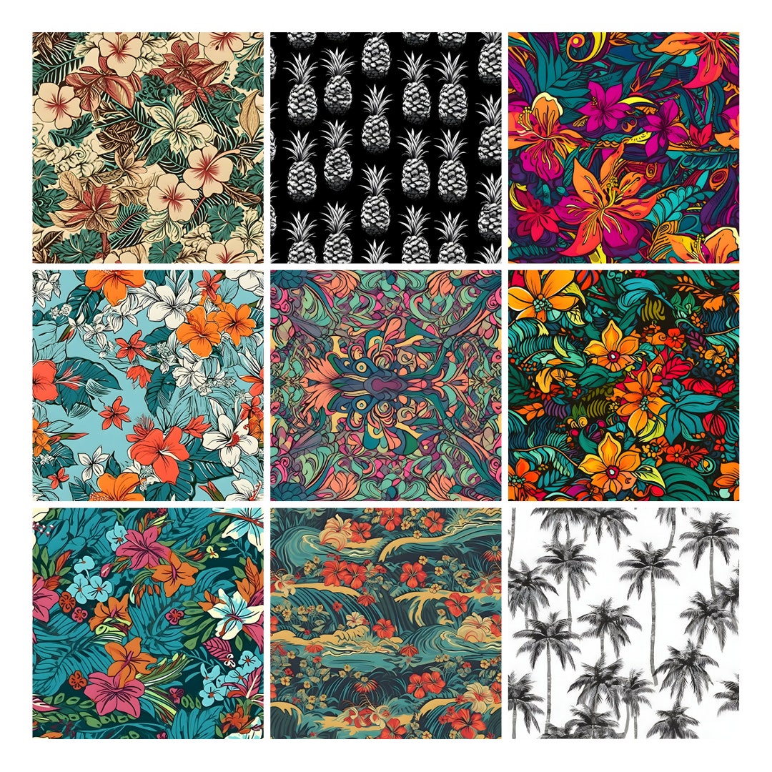 Hawaiian Seamless Patterns Digital Paper, Psychedelic Tropical Flower ...