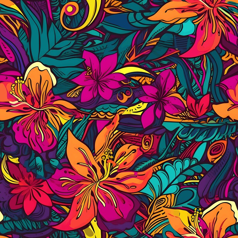 Hawaiian Seamless Patterns Digital Paper, Psychedelic Tropical Flower ...