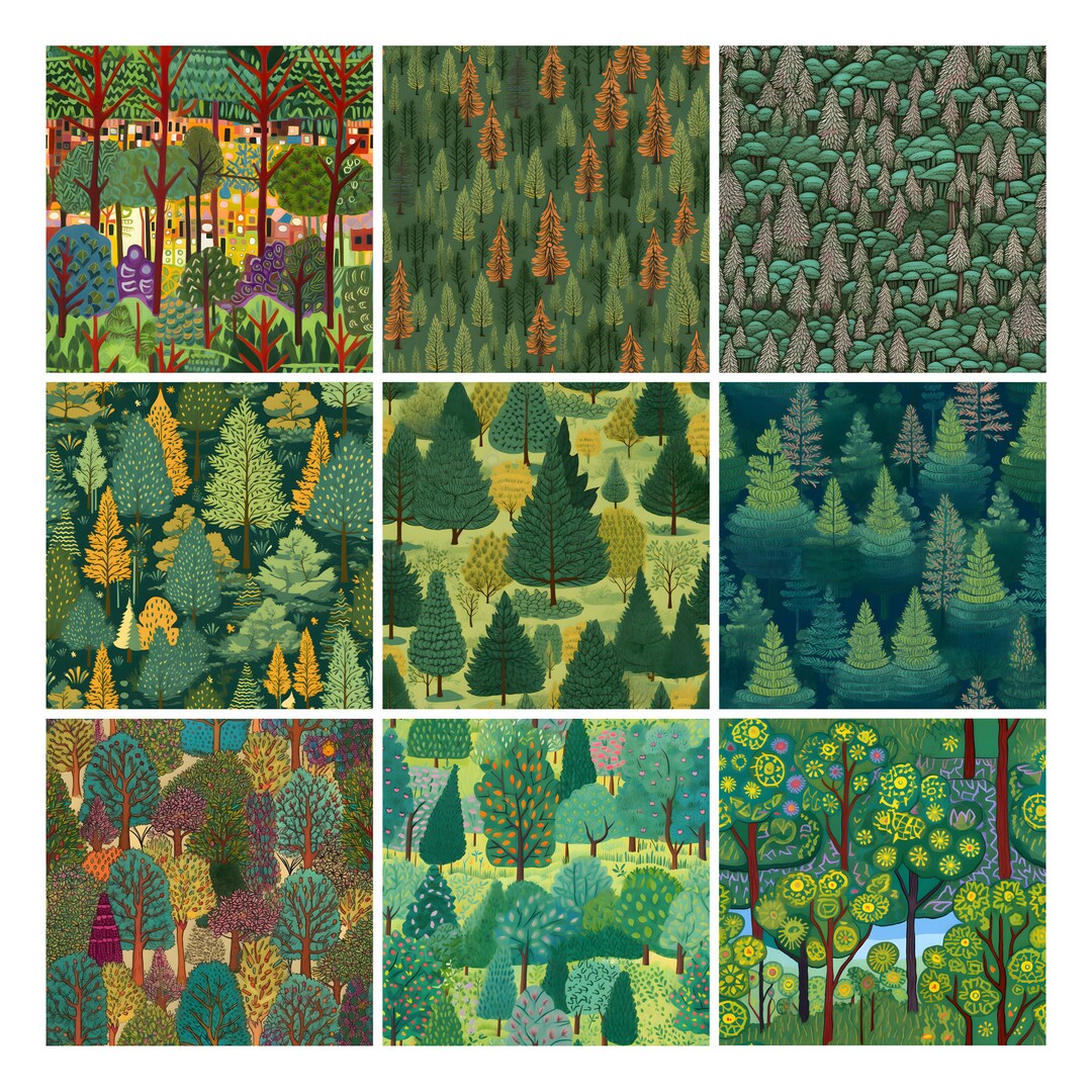 Naive Evergreen and Deciduous Tree Seamless Patterns Digital Paper - Etsy