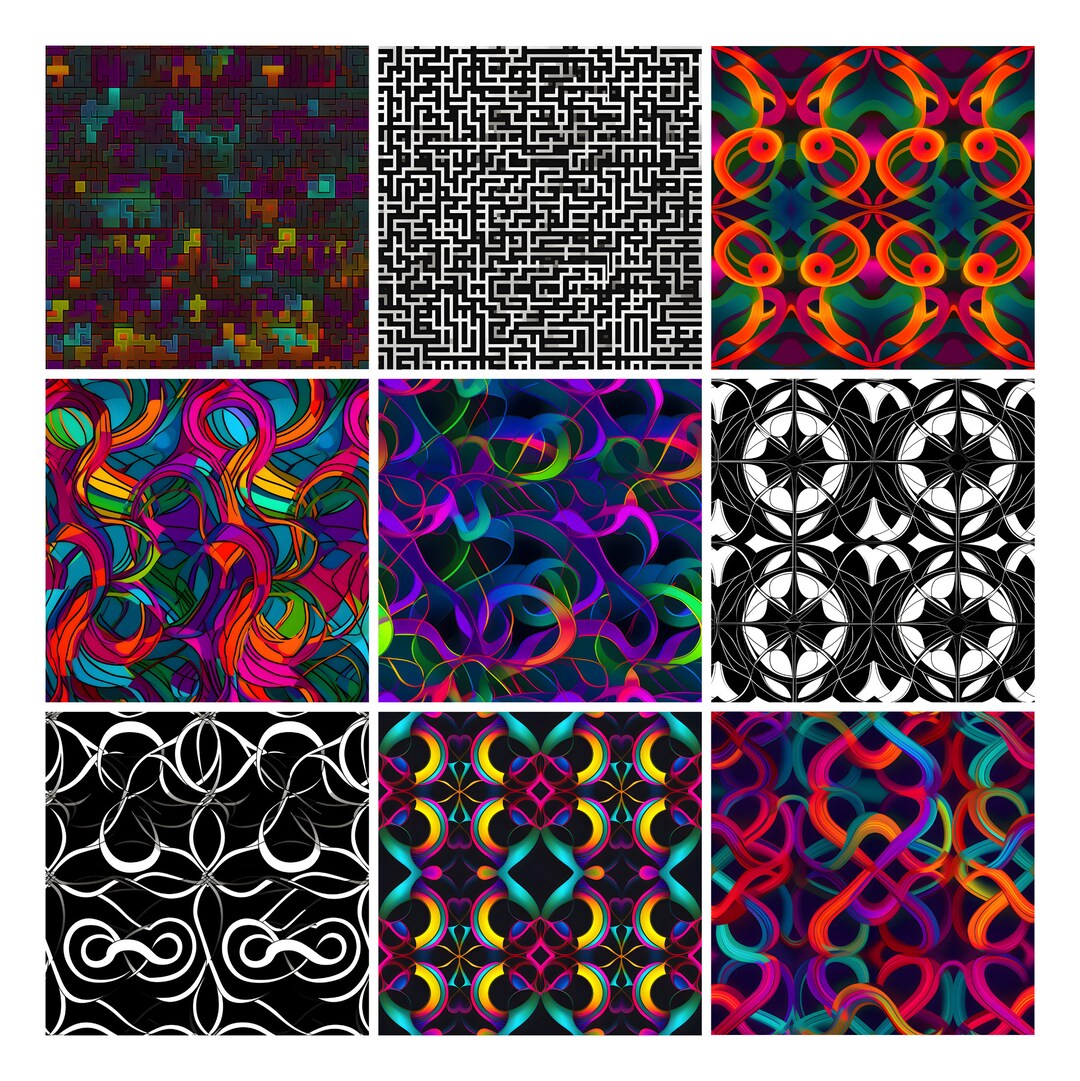 Neon / Black and White Fractals, Gosper, Hilbert Seamless Patterns ...