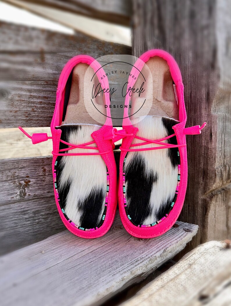 HOT PINK Custom Cowhide Hey Dudes Cow Print Hey Dude Neon Pink Shoes ...