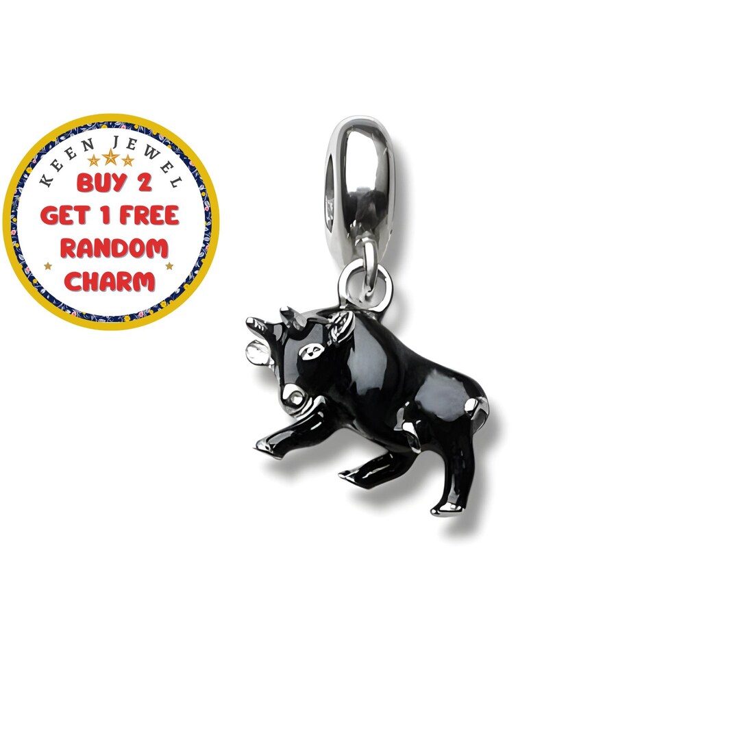 Sterling Silver Black Bull Charm: Enamel Strength Charm for Pandora ...