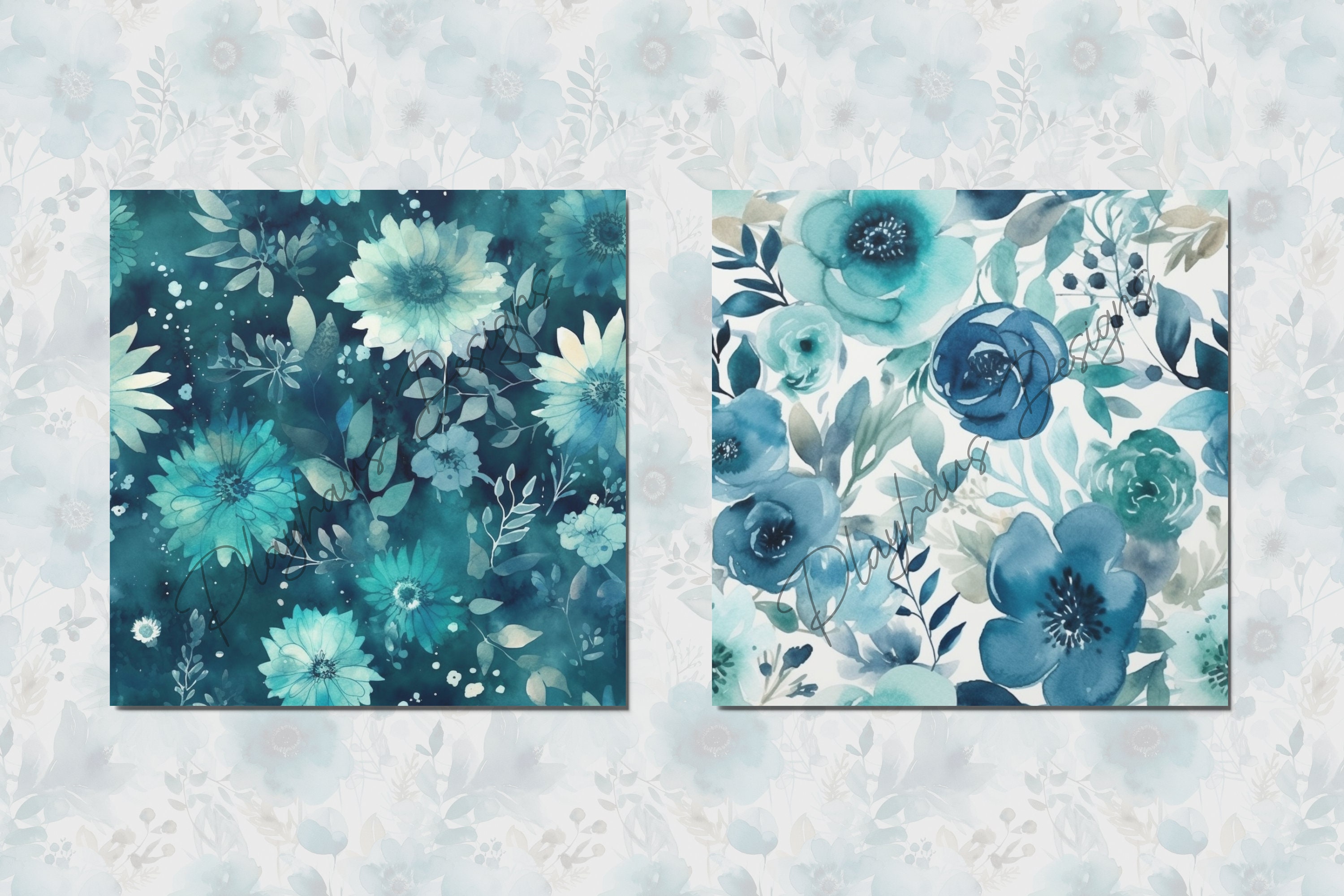 Watercolor Flowers Teal Blue Seamless Pattern 12 Pack Instant Download ...