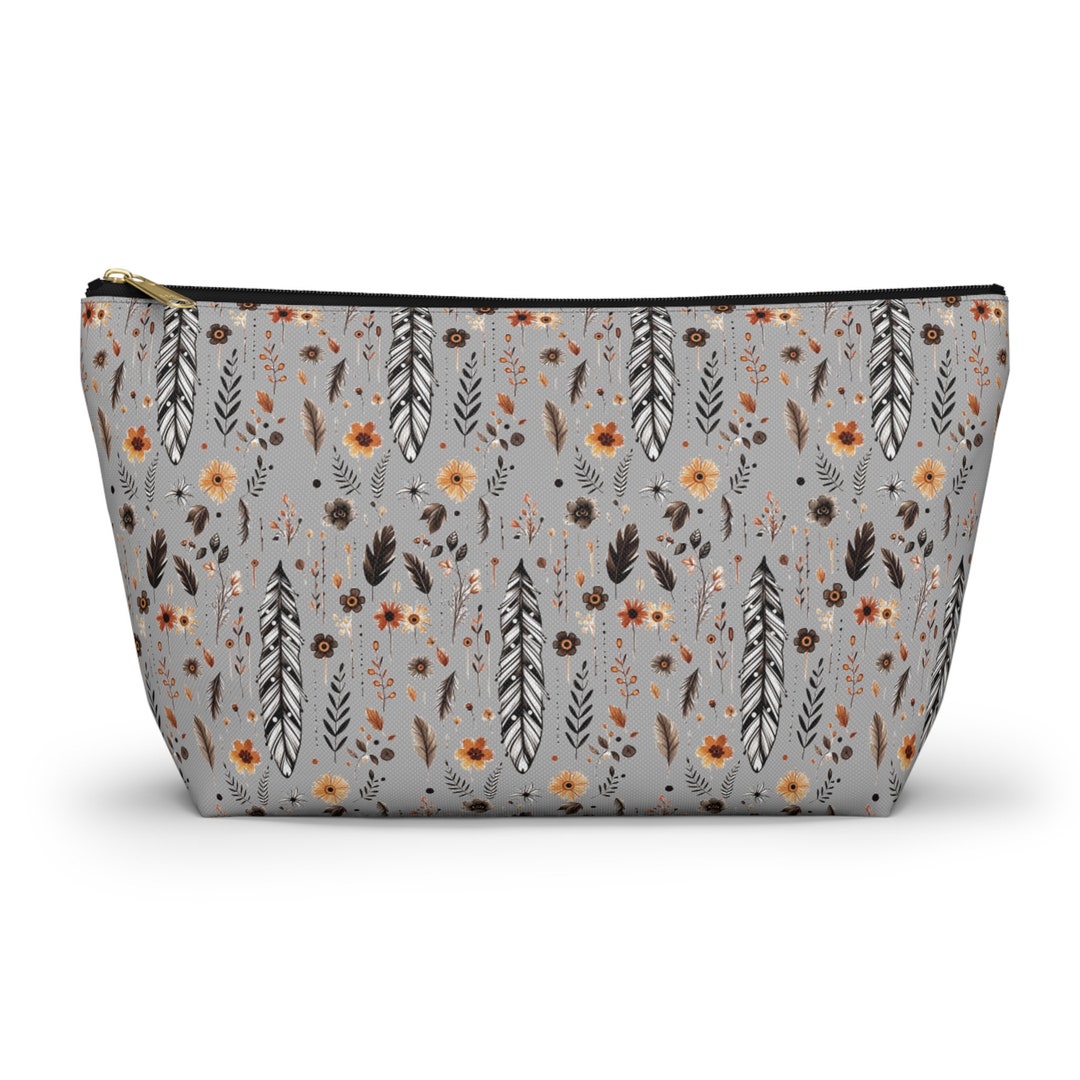 Bohemian Style Makeup Bag With Feather Pattern Stylish T-bottom Pouches ...