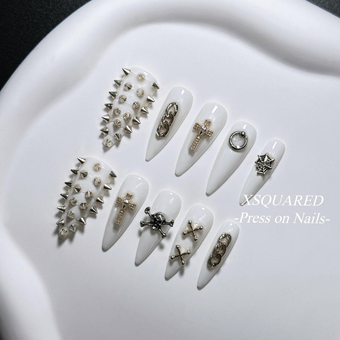 White Fallen Angels Press on Nails Long Almond - Etsy