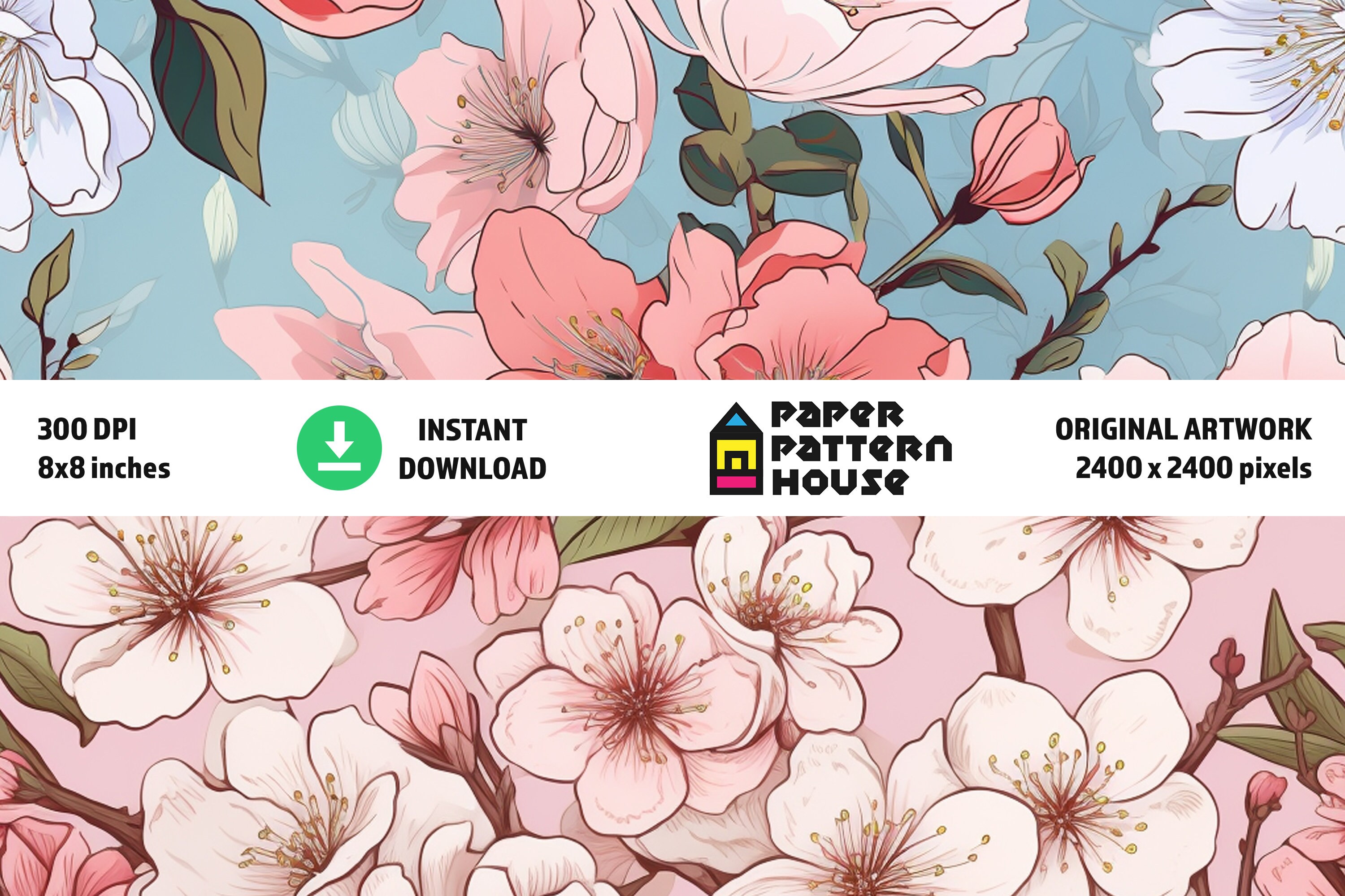 Cherry Blossom Digital Paper Set, Floral Wallpaper, Seamless Floral ...