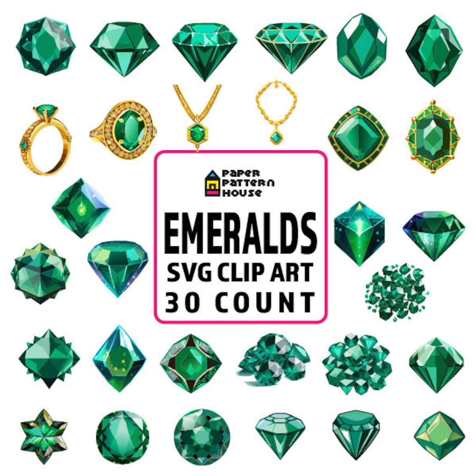 30 Emerald Gem Clipart Bundle 1, SVG Clipart, Emerald Vector Art ...