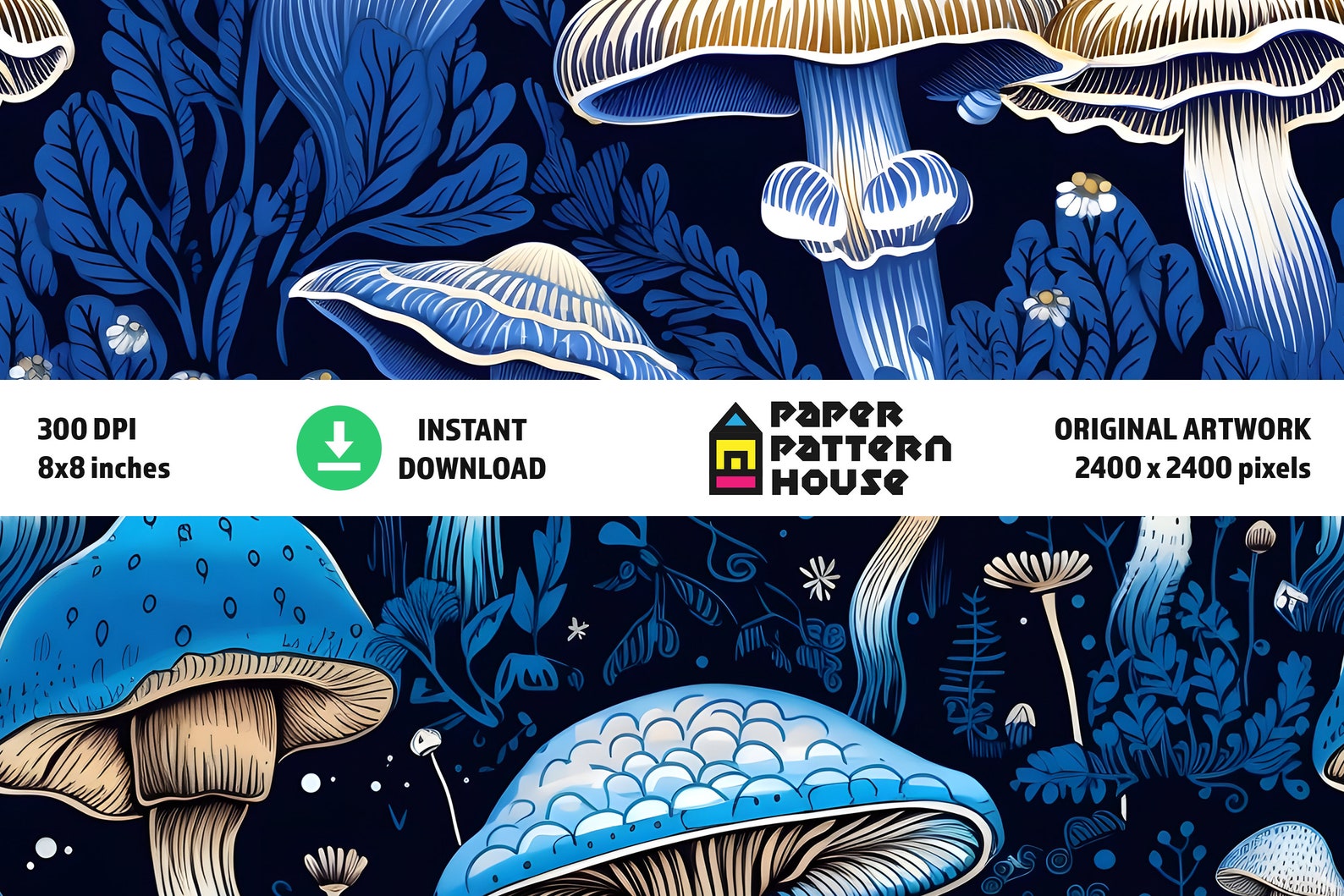 Blue Psychedelic Mushrooms Digital Paper Set, Seamless Texture ...