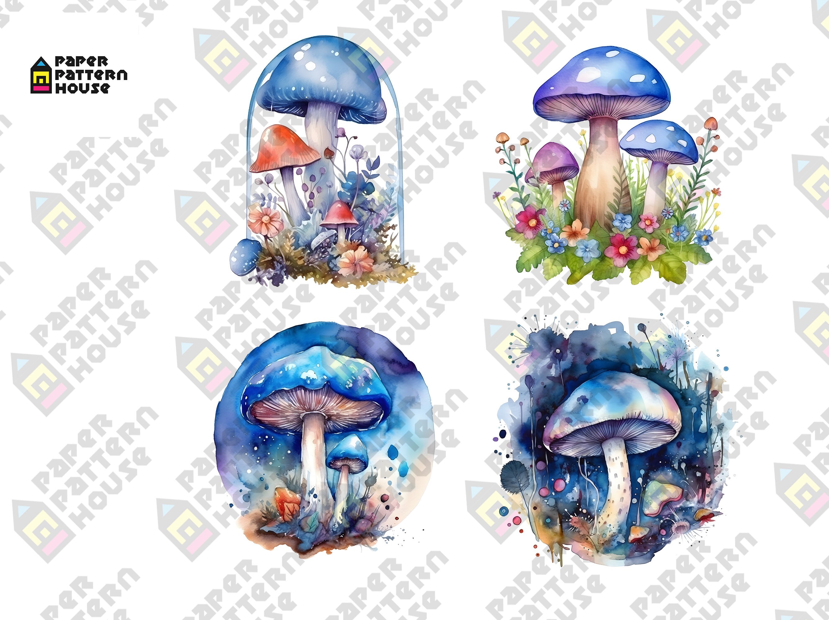 Watercolor Magic Mushroom Clipart Bundle, Blue Watercolor PNG, Mushroom ...