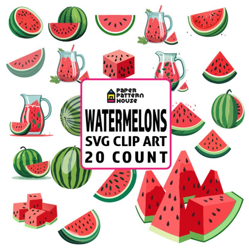 Watermelon SVG Clipart, Set of 20 Watermelon Fruit Clipart, Perfect for ...