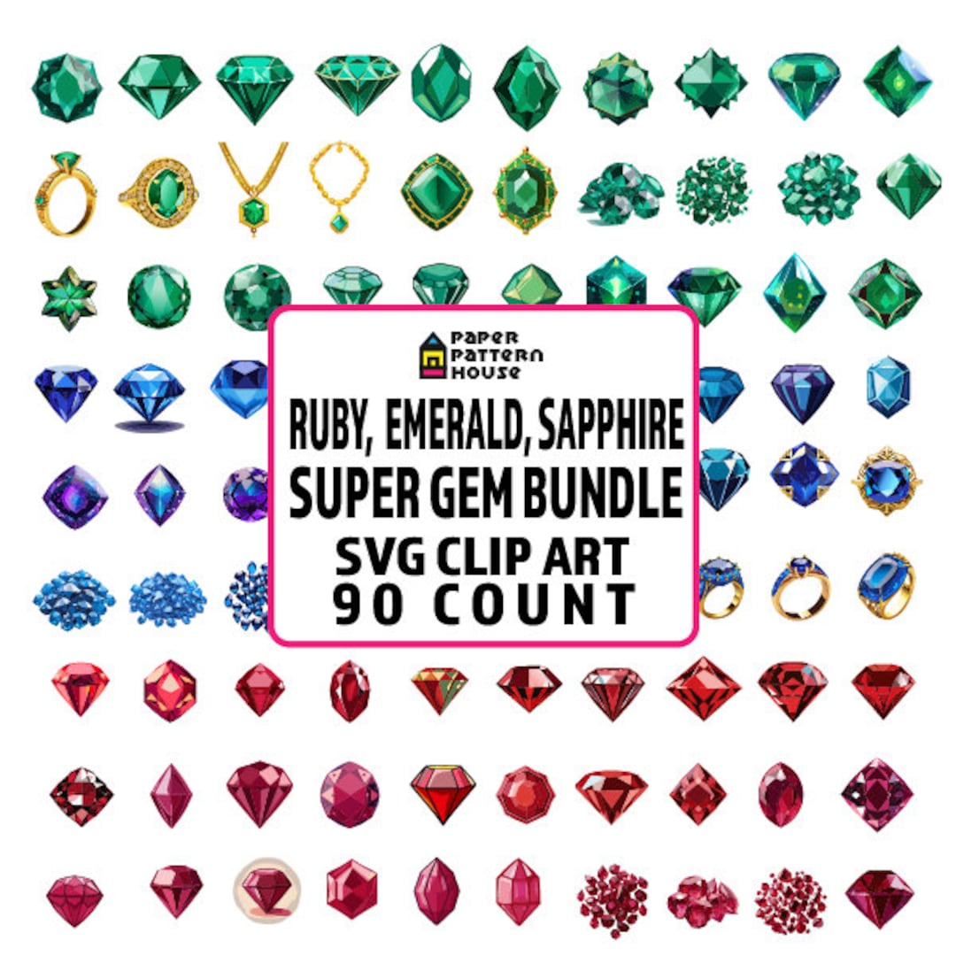 90 Gem Clipart SUPER Bundle, SVG Clipart, Ruby, Sapphire, Emerald ...