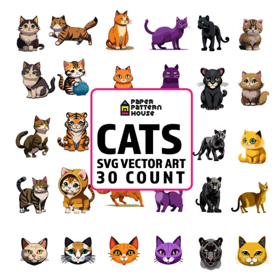 30 Cats Clipart Bundle 1, SVG Clipart, Vector Clipart, Cats, Commercial ...