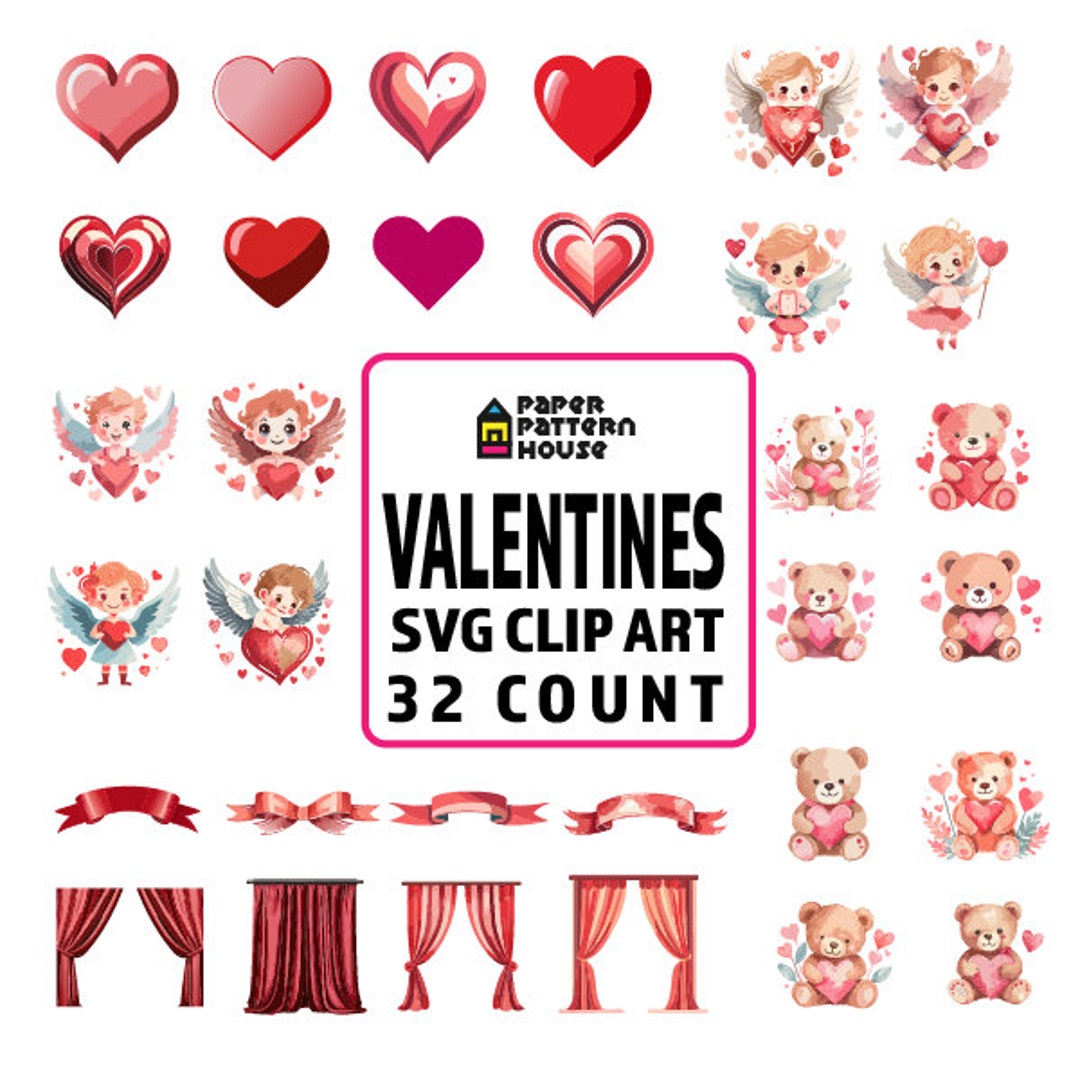 32 Valentines Clipart Bundle, SVG Clipart, Cupid Hearts, Valentine Art ...