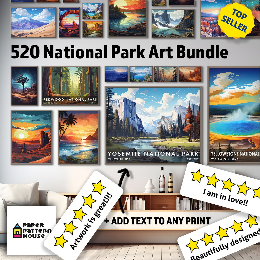520 US National Park Art Prints Bundle, National Park Poster, Wall Art ...