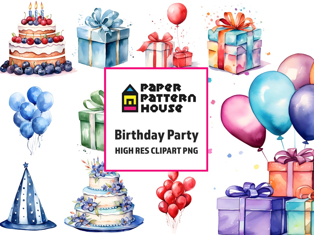 Birthday Clipart Bundle 2, Watercolor Party Clipart, Digital Balloons ...