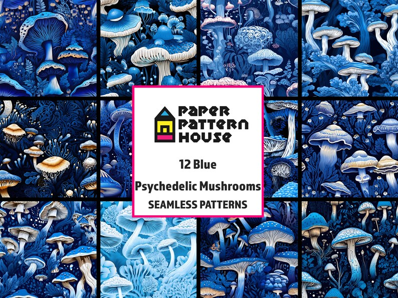 Blue Psychedelic Mushrooms Digital Paper Set, Seamless Texture ...